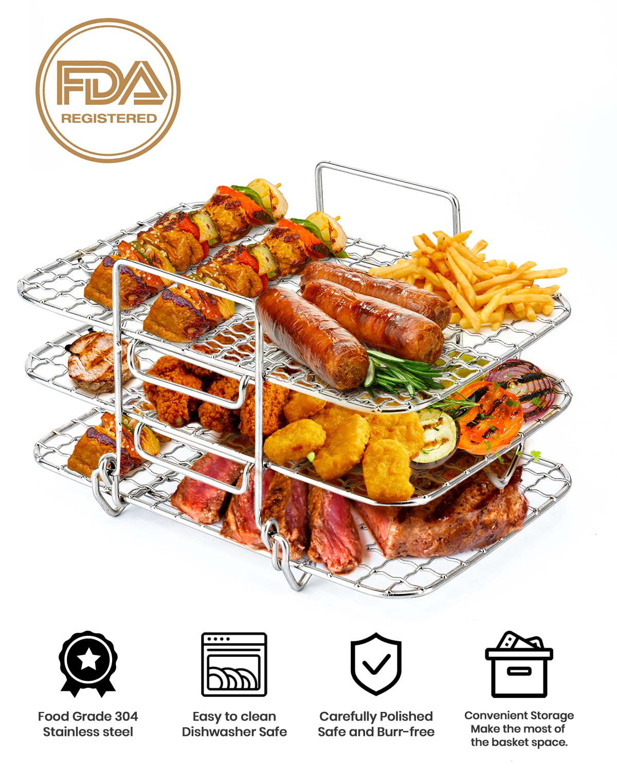 CODOGOY Air Fryer Rack for Ninja DZ201 DZ550/ Instant Vortex Plus XL 6-8-quart (7.48"D x 4.52"W x 4.72"H) 304 Stainless Steel Adjustable Layer Dehydrator Rack Toast For Ninja Foodi Accessories