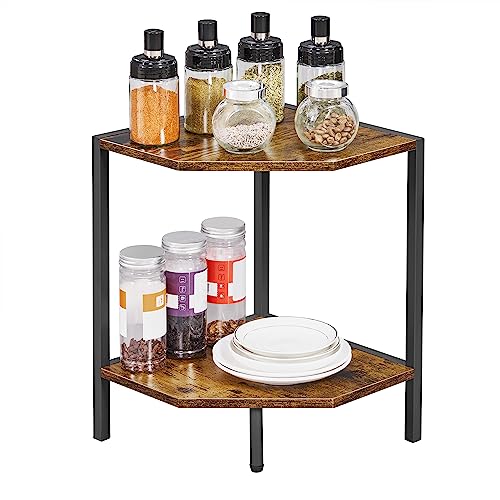HOMCENES Corner Shelf Stand, Industrial 2 Tier Wall Corner Bookshelf with Metal Frame, Corner Display Rack Plant Flower Shelf, Corner Shelves for Living Room Decor, Bedroom, Bathroom, Rustic Brown