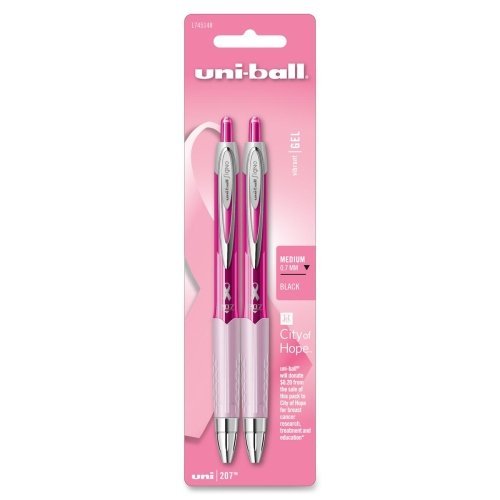 Uni Ball Signo 207 Pink Ribbon Gel Pen Medium Pen Point Type 0.7 mm Pen Point Size Black Ink Silver Barrel 2 / Pack, Pink Barrel