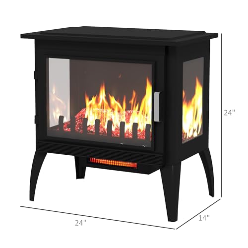 HOMCOM 24" Electric Fireplace Stove, Freestanding Fire Place Heater with Realistic Logs Flame, Adjustable Temperature, Overheat Protection, 1000W/1500W, Black