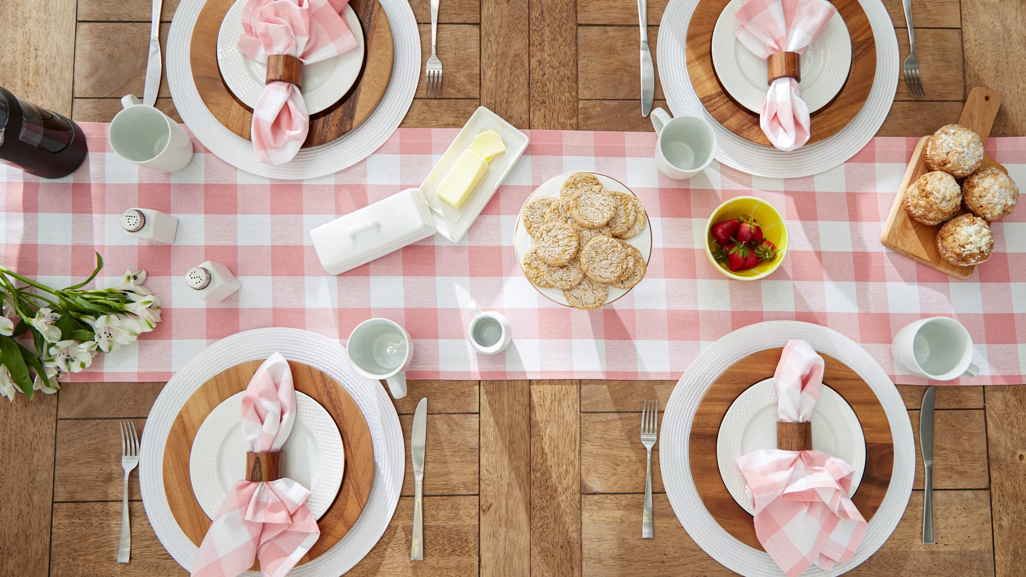 DII Buffalo Check Collection, Classic Farmhouse Table Runner, 14x72, Pink & White
