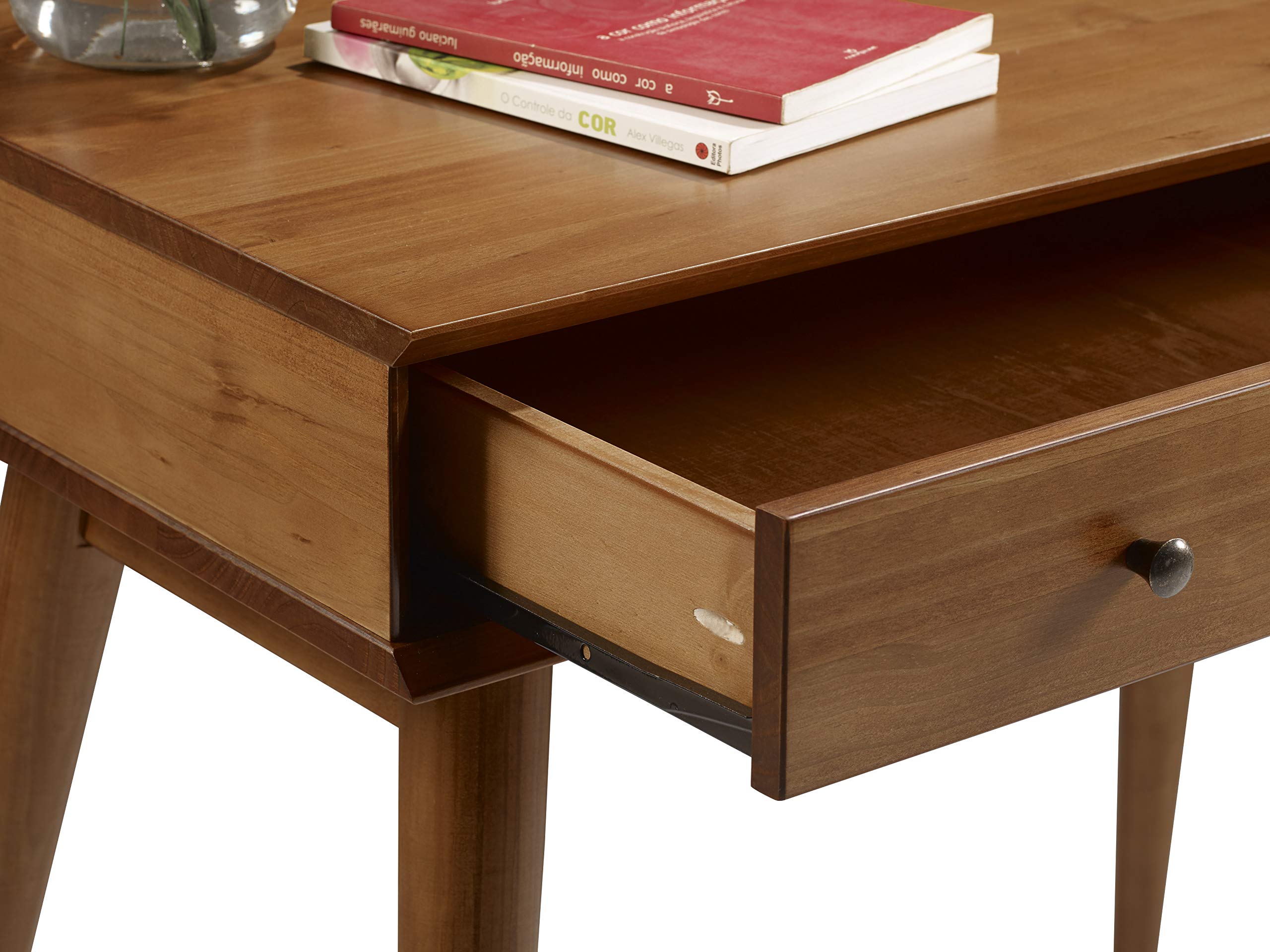 Camaflexi Mid-Century Modern Computer Desk / 35.75"W / Study Writing Table / Solid Wood / Natural Variations of Wood Grains / One Drawer / Partial Assembly, Castanho Brown, 30"H x 35.75"W x 20"D