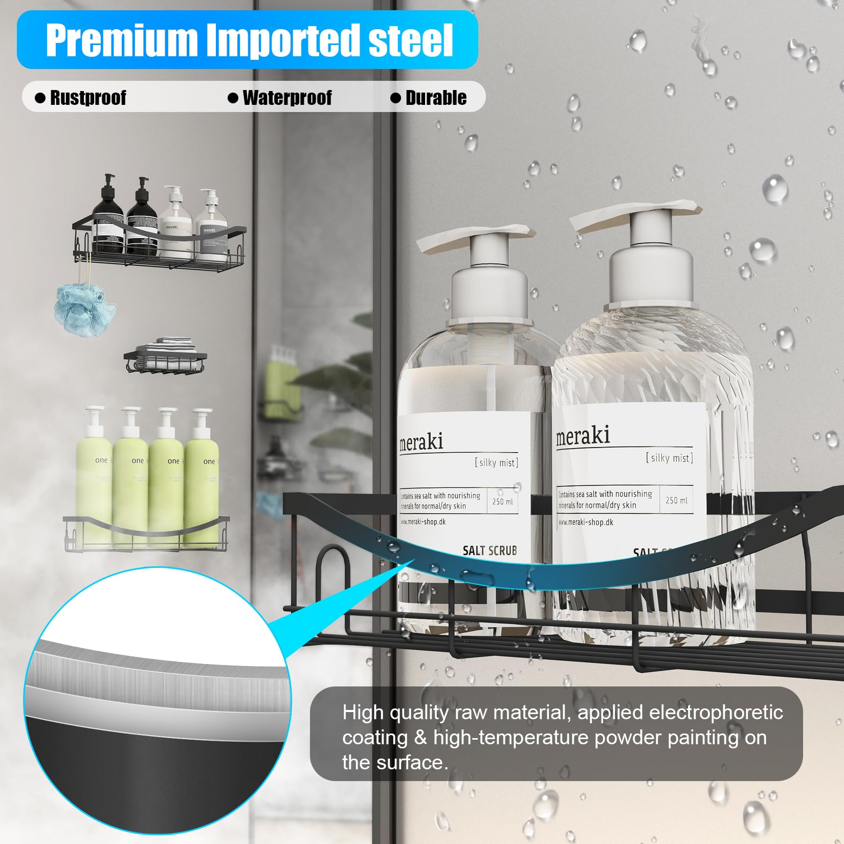 EK-Memory-fish ​Shower Organizer, Adhesive Shower Organizer Bathroom Storage Home Decor Kitchen, Non-Drilled, Large Capacity, Stainless Steel Bathroom Organizer (5 Piece Set)