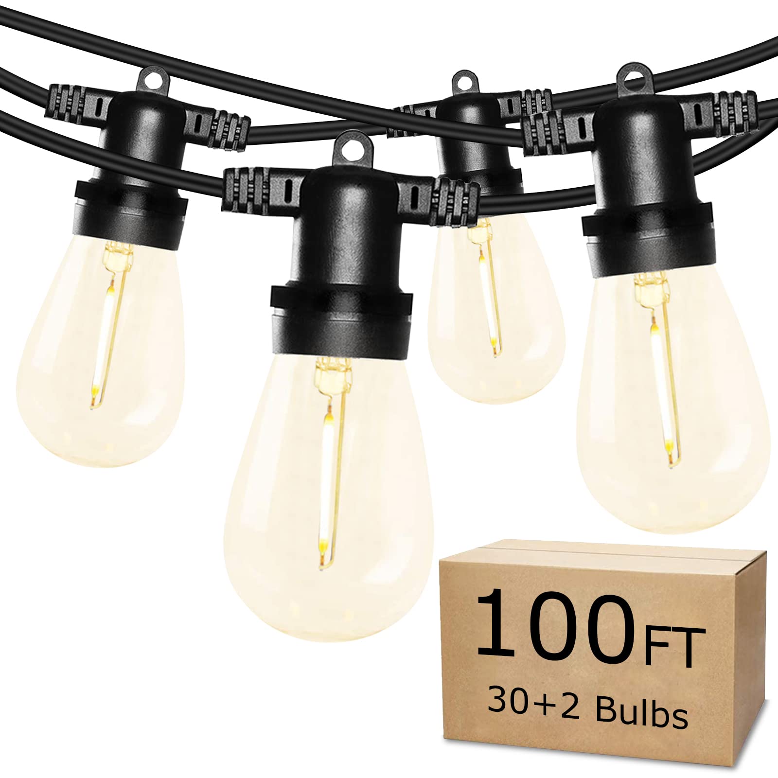 BRTLX Outdoor String Lights, Connectable IP65 Waterproof 100Ft S14 LED String Patio Lights with 30 Hanging Sockets and 32 x 1W Energy Saving LED Bulbs(2 Spare) E26 Base Warm White 2700K for Cafe Porch