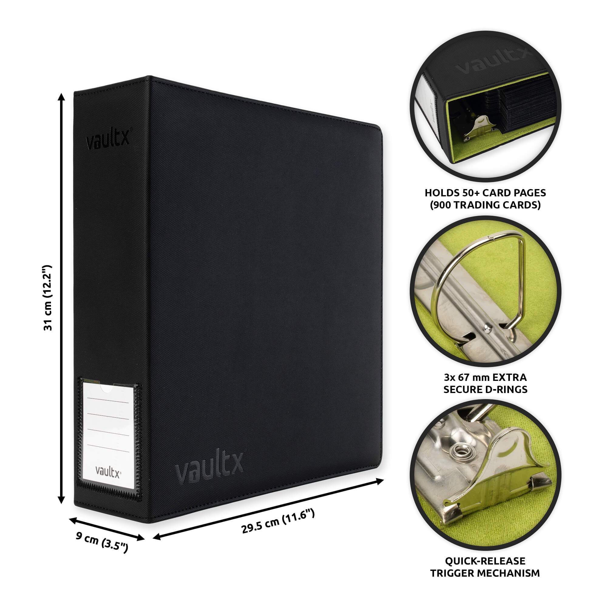 Vault X Premium Exo-Tec 3 Ring TCG Binder for 9 Pocket Trading Card Pages - 50+ Page Capacity Easy Open 3 D-Ring Clip Binder for TCG CCG Photo Cards (Large, Black)