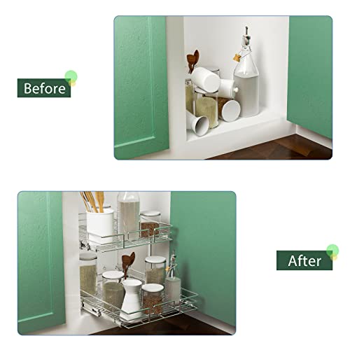 LOVMOR 2 Tier Individual Pull Out Cabinet Organizer 17" W x 21" D, Slide Out Kitchen Cabinet Storage Sliding Shelves