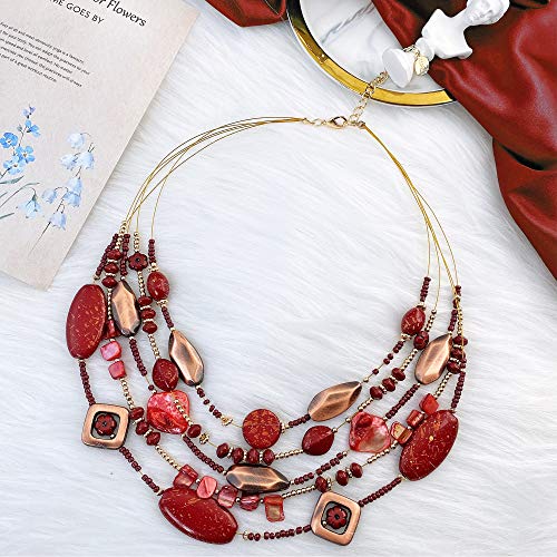 COIRIS Multi Layer Beaded Illusion Wire Collar Statement Necklace for Women (N0016-Maroon)