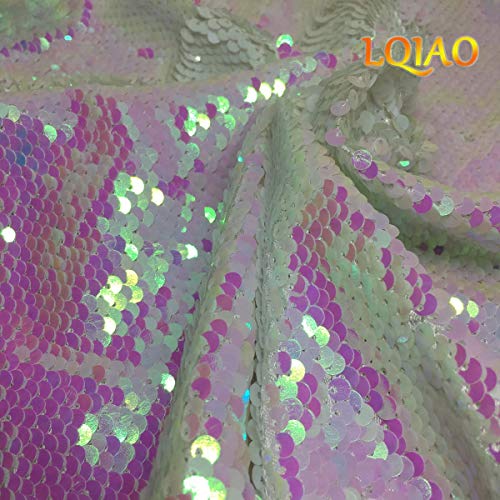 LQIAO 1Y Sequin Fabric Iridescent Pink White Sparkly Reversible Sequin Fabric for Sewing Mermaid Flip Up Large Sequin Fabric by The Yard Drawer/Cube/Tablecloth/Home/Dress/Fans DIY