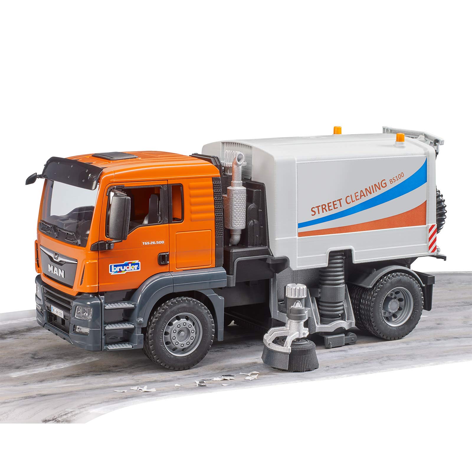 Bruder Toys - Commercial Realistic MAN TGS Street Sweeper Truck with Open-able Doors, Adjustable Brushes, and Flexible Hose - Ages 4+