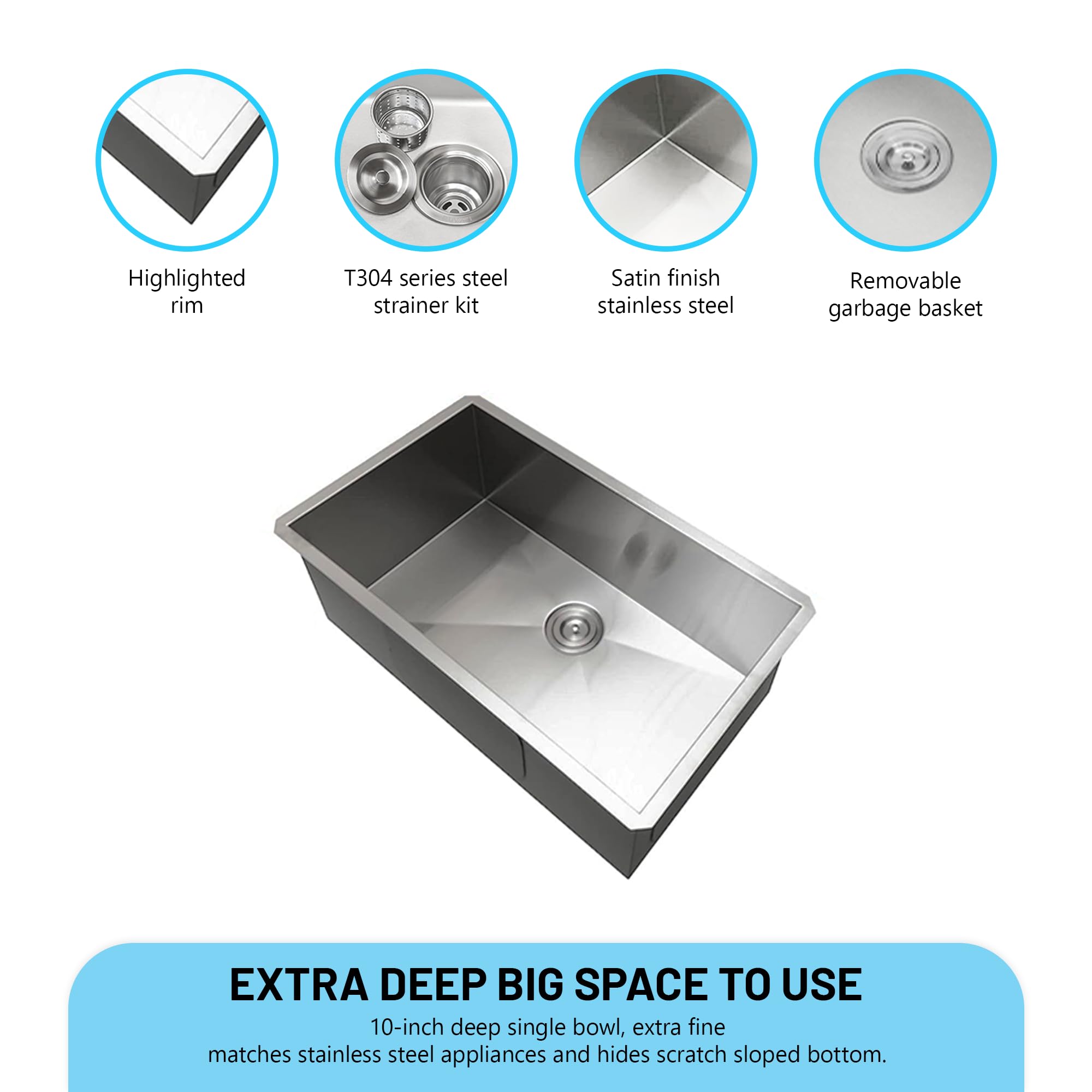 KABCO 28 Inch Single Bowl Stainless Steel Handmade Kitchen Sink with Sink Strainer, Sink Grid, a Rolling Up Grid, and Bamboo Cutting Board, Rust Resistant Sound, and Heatproof 16 Gauge Undermount Sink