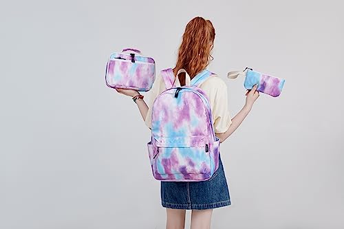 Imyth 3Pcs colorful Backpack sets for Teen Girls, Cute Bookbag School Daypacks for Elementary Middle Students (Tie dye-Purple)