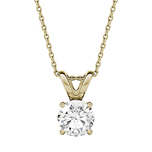 Charles & Colvard Created Moissanite 8mm Round Cut Solitaire Pendant Necklace for Women | 1.9 cttw DEW | Lab Grown | Solid 14K Yellow Gold | 18" Chain