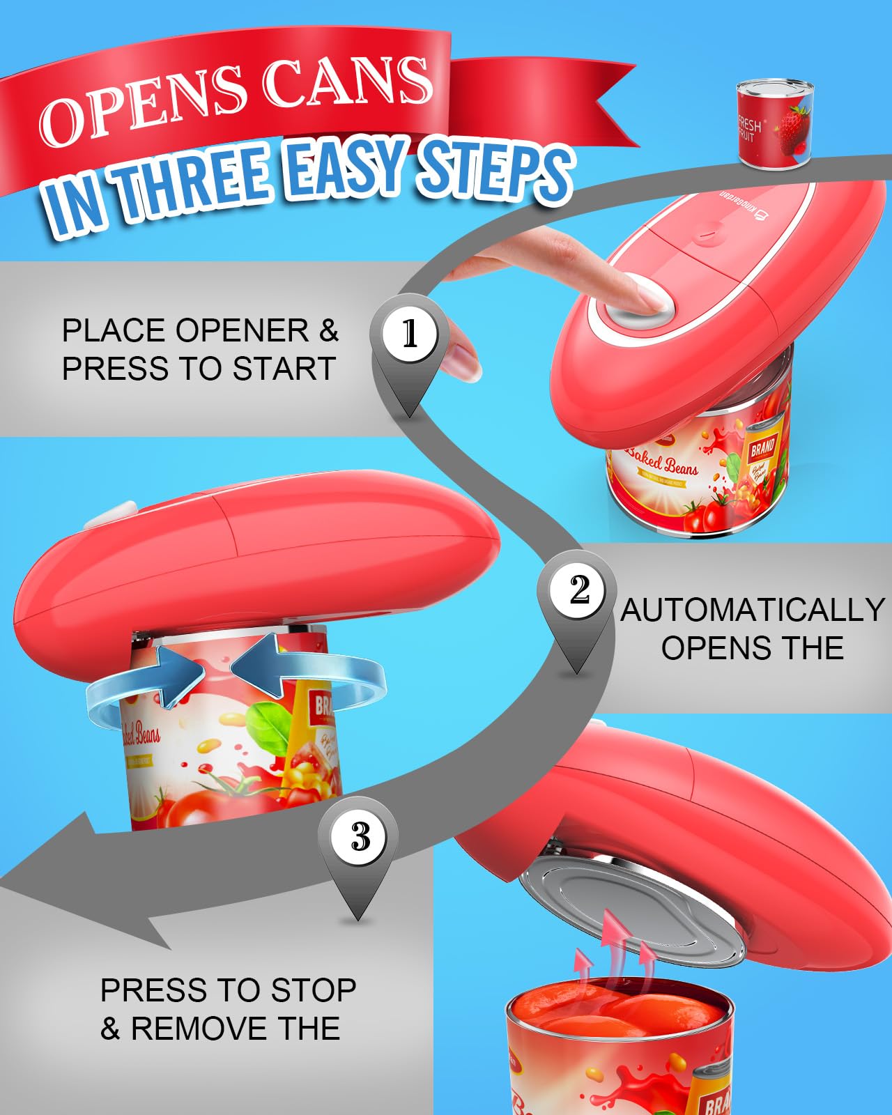 Electric Can Opener Easily Open All Can Sizes with Fast Speed & Smooth Edge, Food-Safe & Battery Operated Can Openers for Kitchen, Automatic Can Opener Hands Free for Weak Hands, Seniors, Arthritis