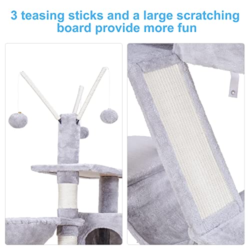 Hey-brother Cat Tree, 61 inch Cat Tower for Indoor Cats, Cat House with Padded Platform Bed, Toy Balls, Large Cozy Condo, Hammocks and Sisal Scratching Posts, Light Gray MPJ019W