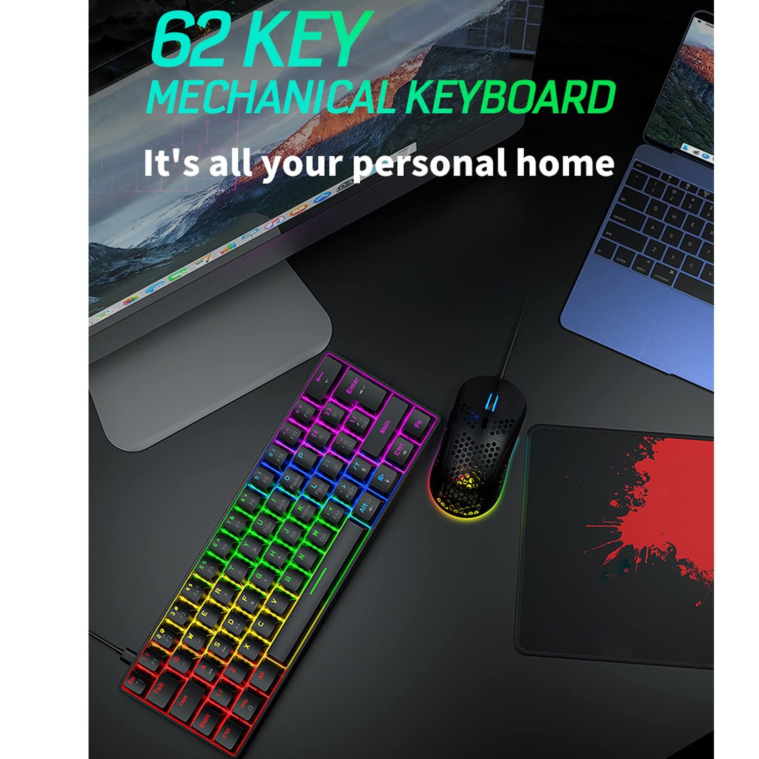 EXHNLE Gaming Keyboard and Mouse Combo Mini Portable with RGB Backlit Ergonomic 62Key Layout Mechanical Feel Honeycomb Mice for Gamer Laptop (Color : Black)