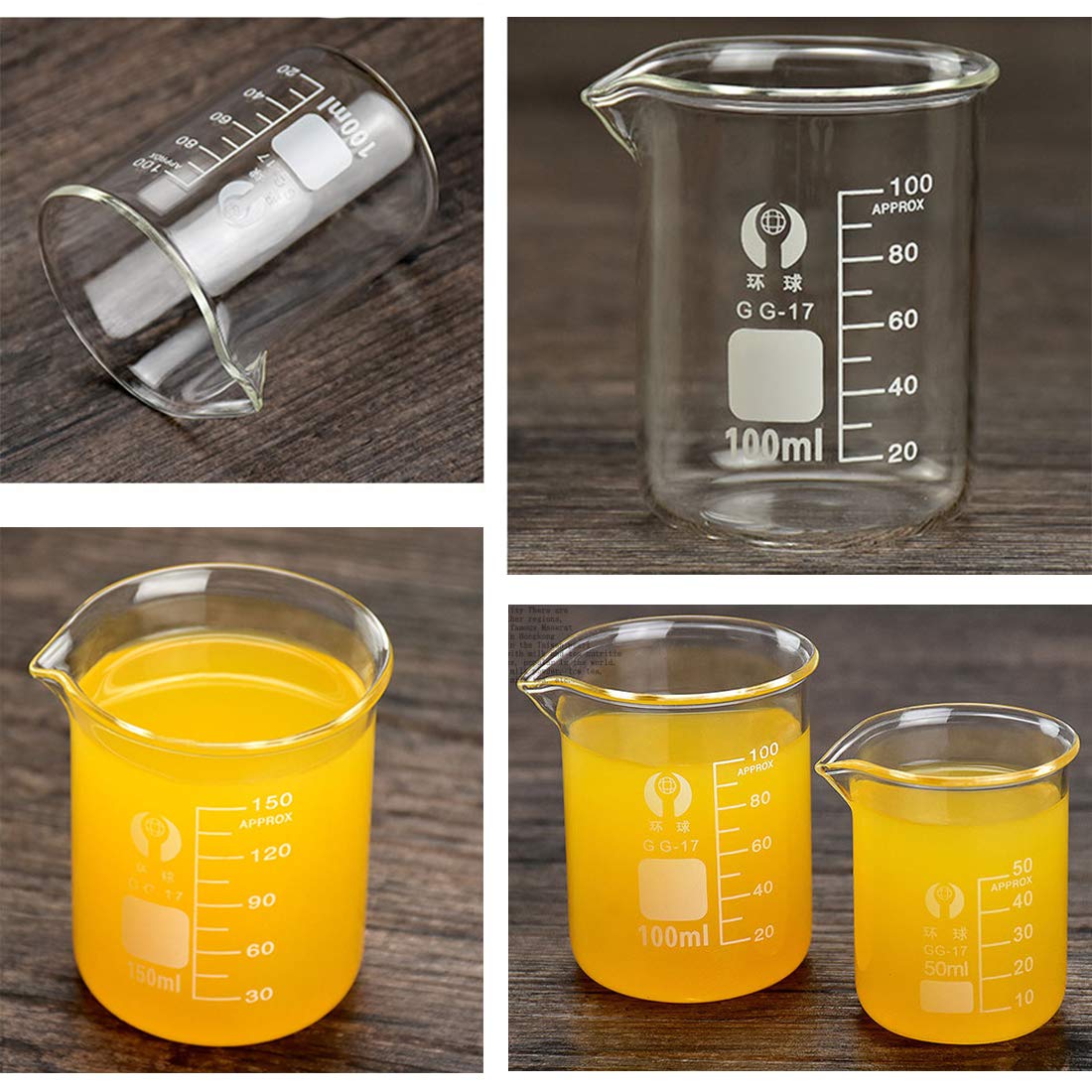 Glass Beakers Set, ZEEROQOLAB 5pcs Measuring Pyrex Beaker 1000ml 500ml 250ml 100ml 50ml with 2pcs Cleaning Brush, 3pcs Droppers and 2pcs Glass Stirring Rods