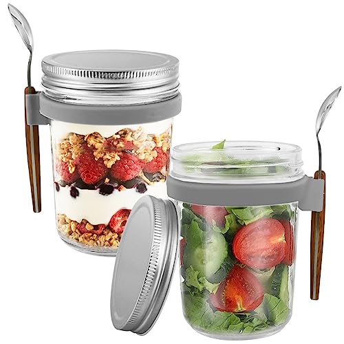 HALURE Overnight Oats Containers with Lids and Spoons, Pack of 2 – 500ml Meal Prep Containers for Yogurt, Fruit Salad, Chia, Cereal, Milk, Oats Overnight – Gray