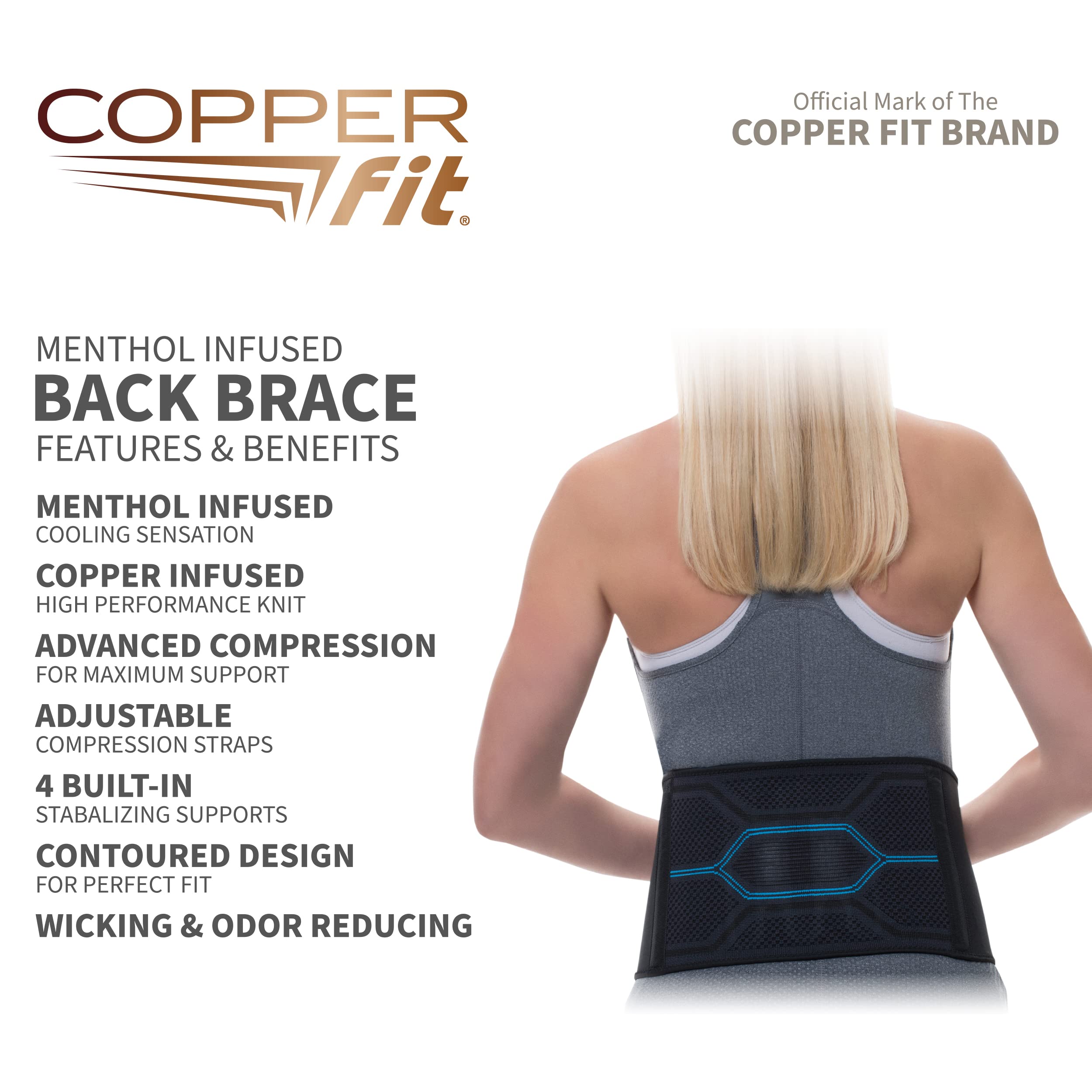 Copper Fit ICE Unisex Adjustable Compression Back Brace Infused with Menthol, Black