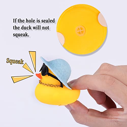 LUTER Car Duck Decoration Dashboard, Rubber Duck Car Decoration Little Yellow Duck Car Decoration for Car Dashboard Decoration Accessories with Gold Chain Straw Hat Sunglasses (Blue Swim Ring )