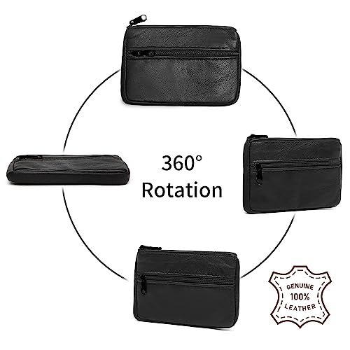 Coin Purse Pouch for Women, Genuine Leather Mini Cash Wallet with Keychain Ring Holder (Black)