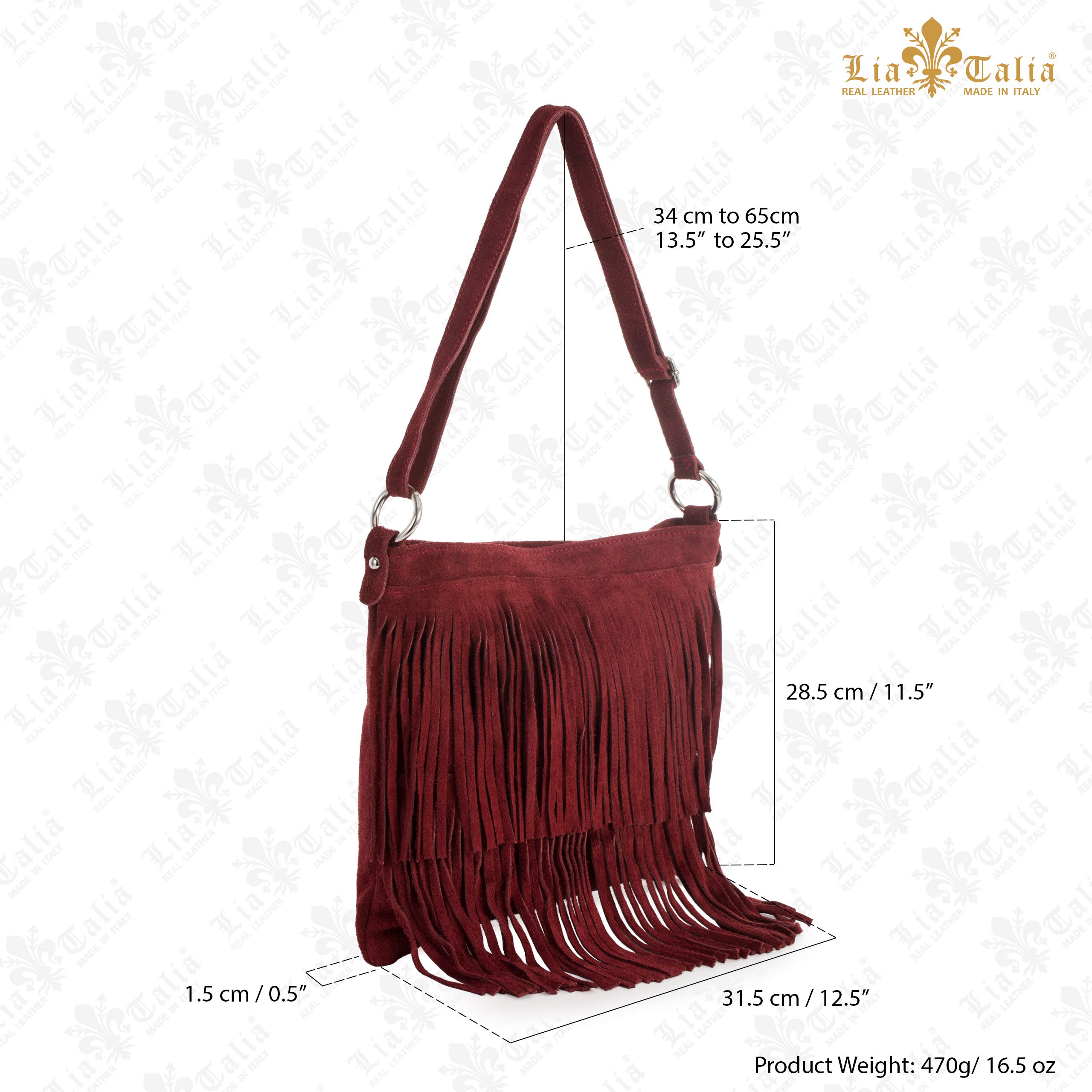 LiaTalia Womens Fringe Handbag - Real Italian Suede Leather - Tassle Effect Shoulder Bag in Medium Size - ASHLEY [Electric Blue]
