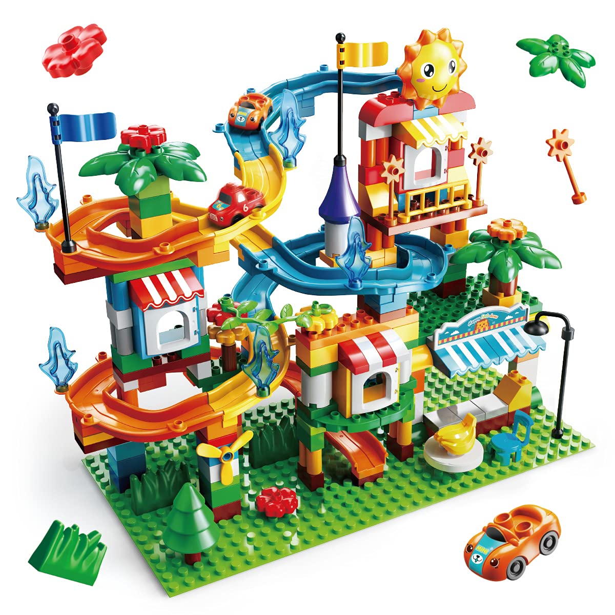 REMOKING Building Blocks Marble Run, Educational Compatible Blocks Models with 4 Cars, Learning Car Track Contruction Toys Set, Great Gifts for Kids 3 Years and up(213Pcs)