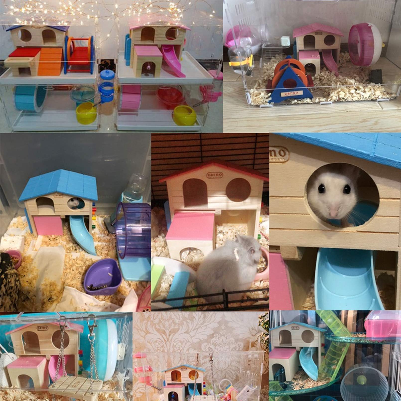kathson Pet Small Animal Hideout Hamster House with Funny Climbing Ladder Slide Wooden Hut Play Toys Chews for Small Animals Like Dwarf Hamster and Mouse(Pink)
