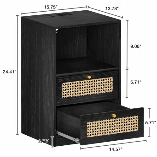 Yoobure Black Nightstand with Charging Station, Bed Side Table/Night Stand with Drawers, Modern Nightstands with USB Ports & Outlets for Bedroom, Living Room, Home Office