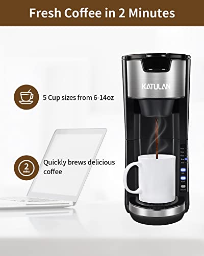 Single Serve Coffee Maker K Cup & Ground Coffee, One Cup Brews 6-14 Oz in 2 Mins, Fits Travel Mugs, with 30 Oz Removable Water Tank, Reuseable Filter, Black
