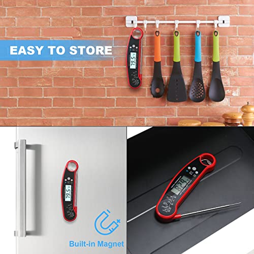 Digital Meat Thermometer with Probe, Instant Read Food Thermometer for Grilling BBQ, Kitchen Cooking, Baking, Liquids, Candy & Air Fryer - IP67 Waterproof, Backlight & Calibration - Red/Black