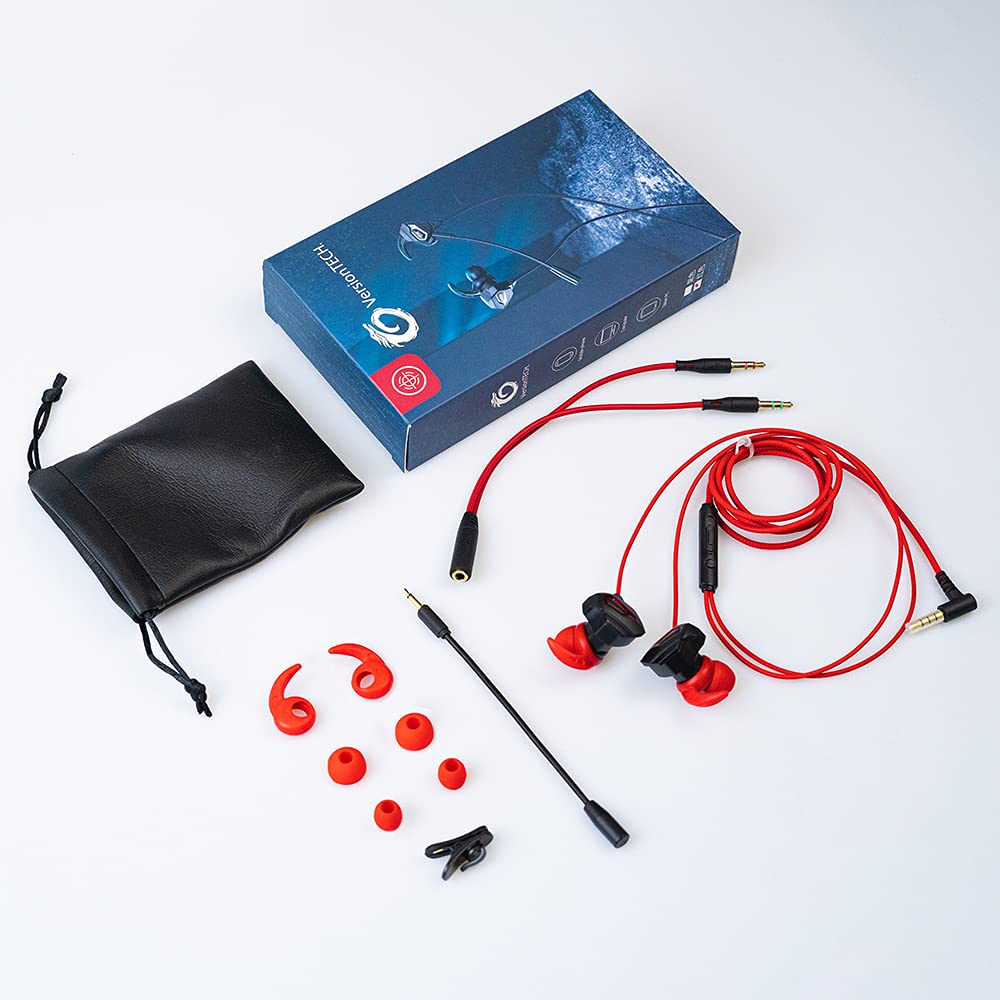 VersionTECH. Gaming Earbuds with Mic, In-Ear Gaming Headphones Wired with Microphone Dual Audio Drivers Noise Cancelling Stereo Bass Compatible for PC/PS5/PS4/Xbox/Nintendo/Switch/Mobile 3.5mm Aux-Red