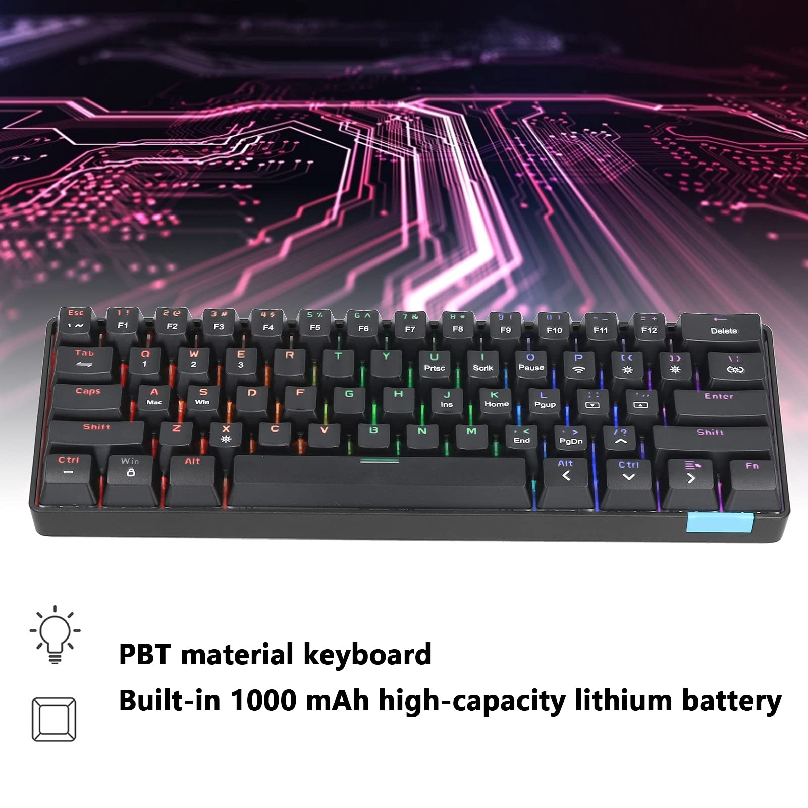 Kafuty-1 STK61 PBT Wireless Gaming Keyboard, 61 Keys LED Backlight Rechargeable Mechanical Keyboard, USB C Bluetooth Keyboard, for Win 2000/XP/VISTA/7/8/10/Linux/OS X(Black Tea Shaft)