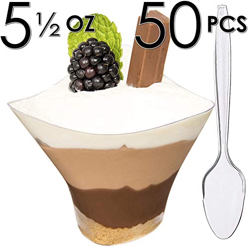 DLux 50 x 5 oz Mini Dessert Cups with Spoons, Large Swirl - Clear Plastic Parfait Appetizer Cup - Small Reusable Serving Bowl for Tasting Party Desserts Appetizers - With Recipe Ebook