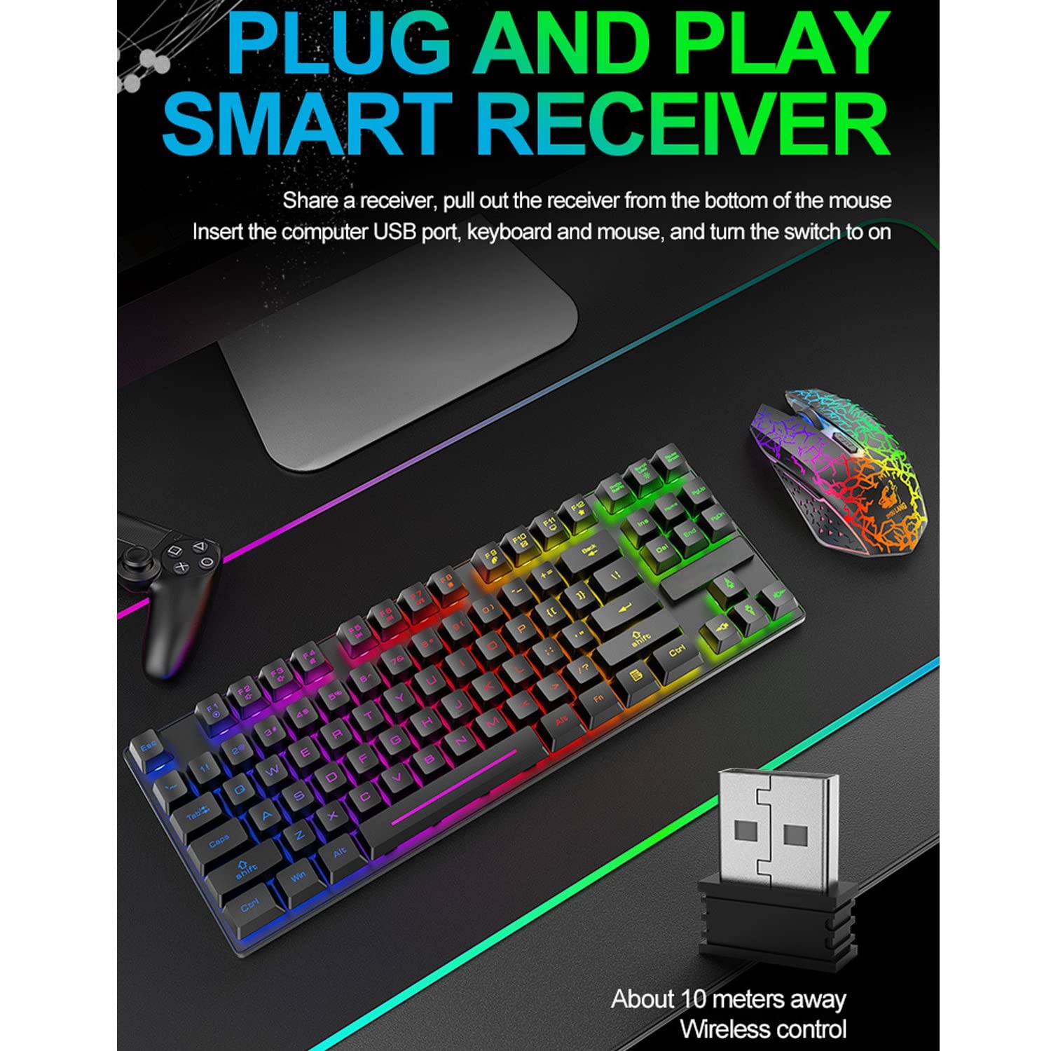 EXHNLE RGB Gaming Mouse and Keyboard, 87 Keys Gaming Keyboard and Mouse Combo, Wired LED Rainbow Backlit Keyboard, Keyboard and Mouse Gaming for PC Laptop (Color : Black)