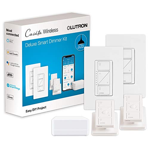 Lutron Caseta Deluxe Smart Dimmer Switch (2 Count) Kit with Caseta Smart Hub | Works with Alexa, Apple Home, Ring, Google Assistant | P-BDG-PKG2W | White