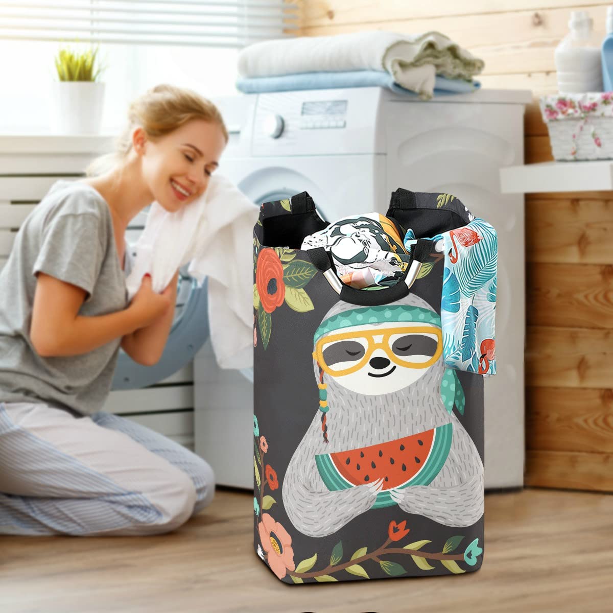 Cute Baby Sloth Large Laundry Hamper Basket, Collapsible Laundry Bag, Oxford Cloth Foldable Storage Bins Baskets with Handles for Laundry, Bedroom, Home Decor