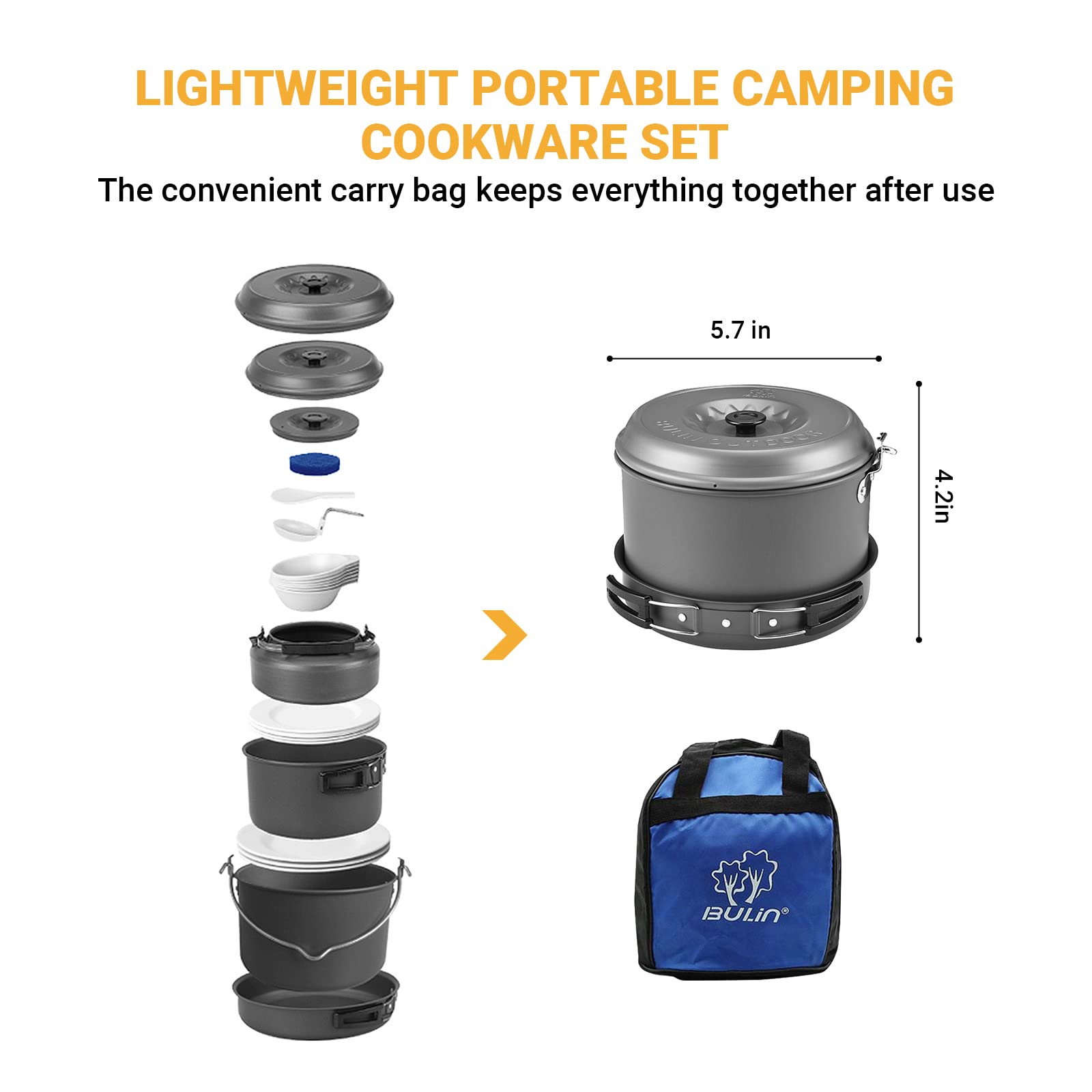 Bulin 13Pcs Camping Cookware Mess Kit, Nonstick Backpacking Cooking Set, Outdoor Cook Gear for Family Hiking, Picnic Lightweight Cookware Sets(Kettle, Pots, Frying Pan, BPA-Free Bowls, Plates, Spoon)