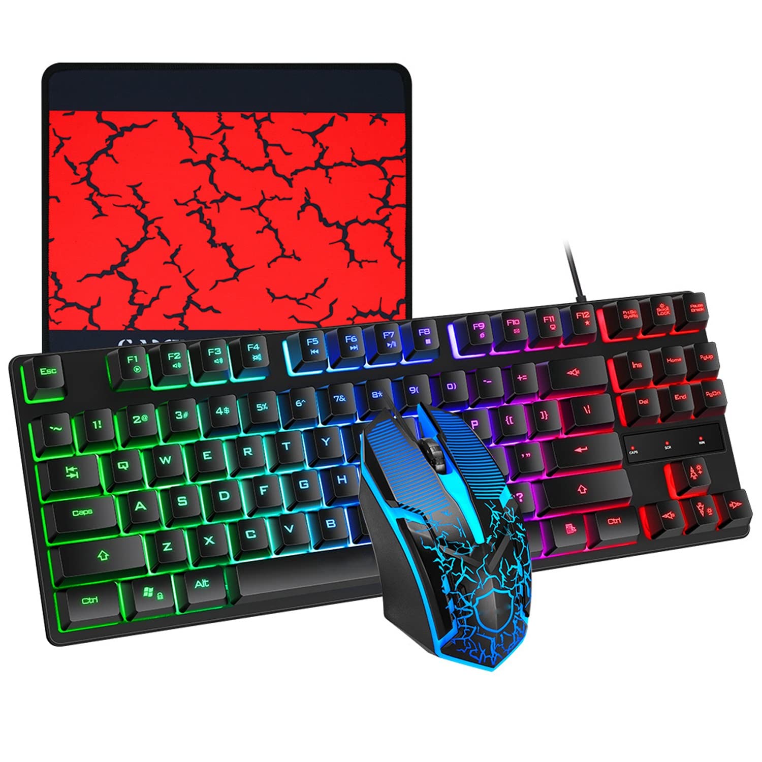 EXHNLE RGB Gaming Keyboard and Mouse, 87 Keys Compact Keyboard and Mouse LED Breathing Backlit, with 87 Key Computer PC Gaming Keyboard for PC/Laptop
