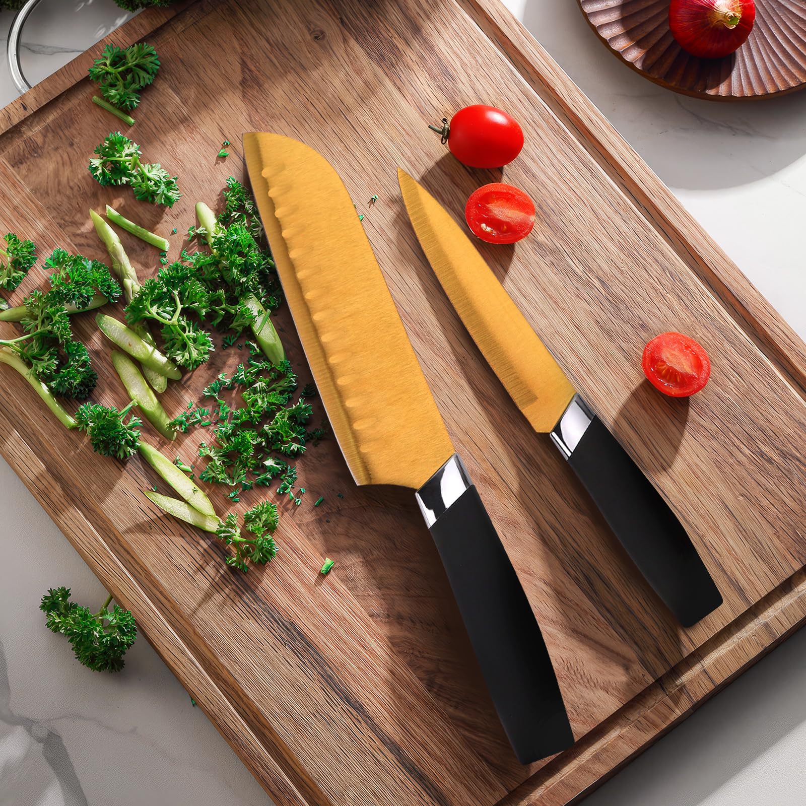 Kitchen Knife Set, Retrosohoo 6 Pieces Sharp Stainless Steel Chef Knife Set with Cylindrical Block, Ergonomic Black Handle Knife with Gold Blades, Knife Set with Gift Box, House Warming Gift (Black)