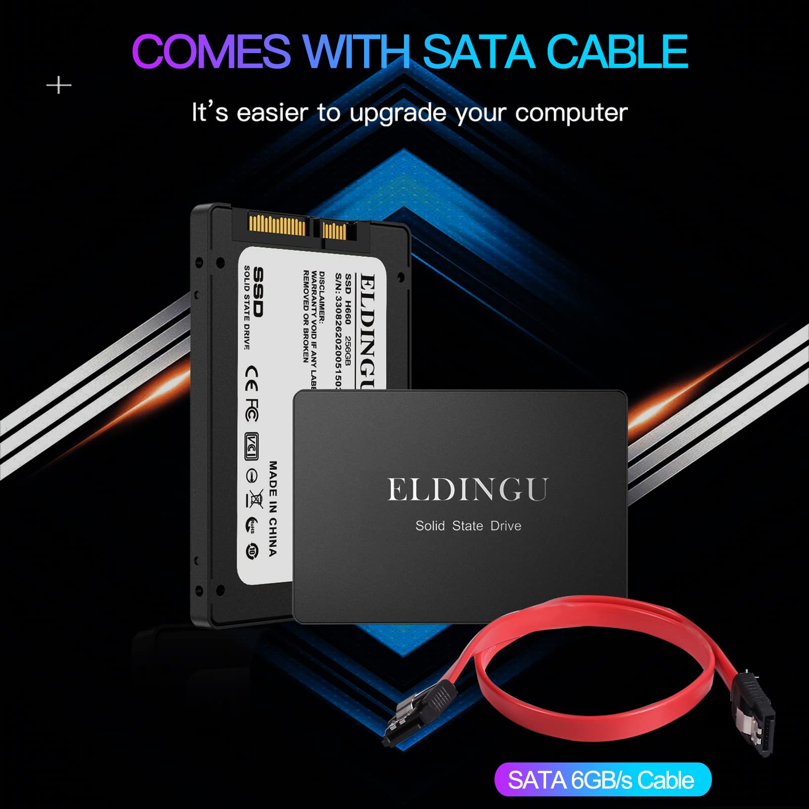 Eldingu SSD 256GB 2.5″ SATA III 6Gb/s 3D NAND Internal Solid State Drive with Sata Cable Up to 520Mb/s for Laptop and Pc H660 (Black 256gb)