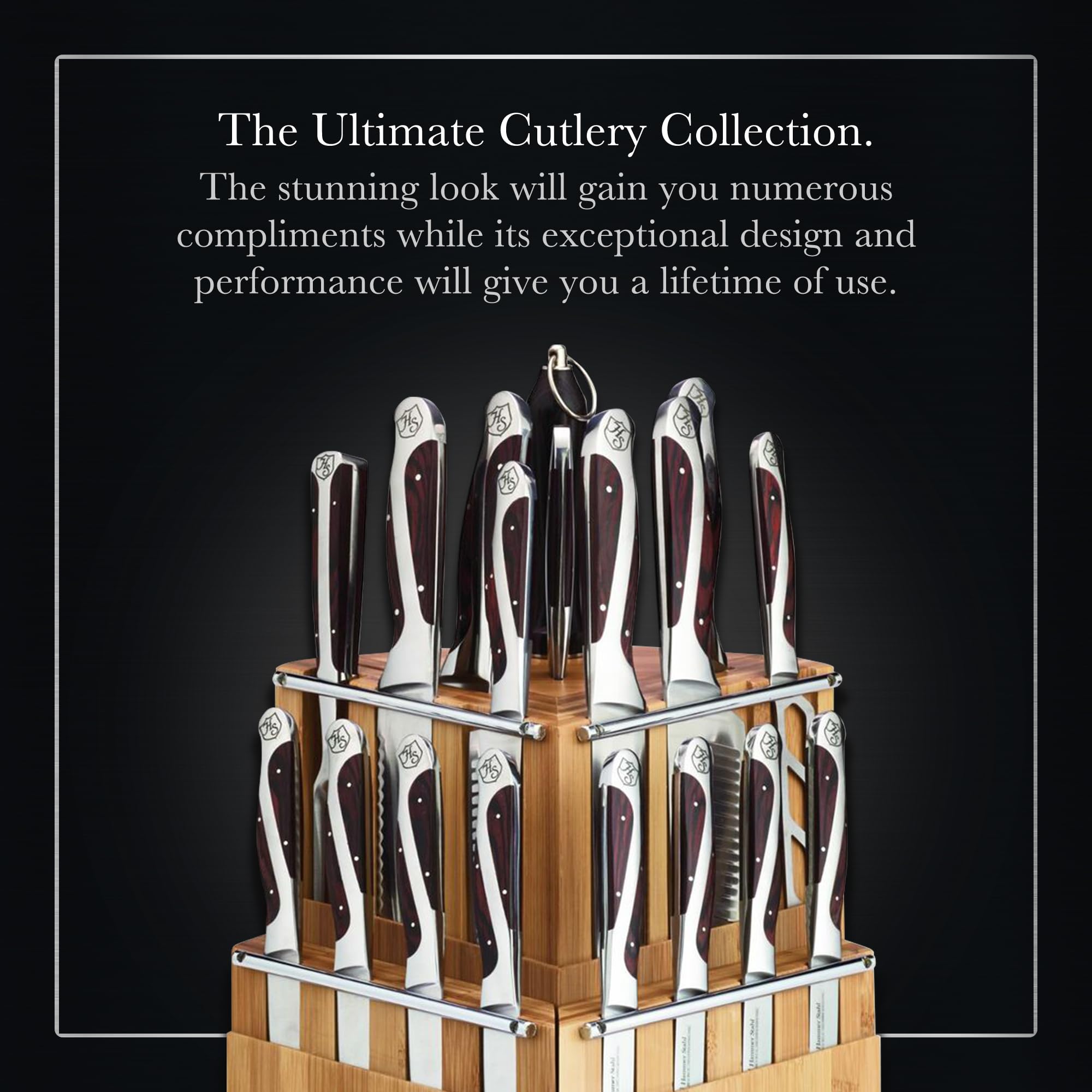 Hammer Stahl 21 Piece Knife Block Set | Classic Kitchen Knife Set | Stainless Steel Knife Set with Rotating Bamboo Block | Cooking Knife Set | The Ultimate Kitchen Collection