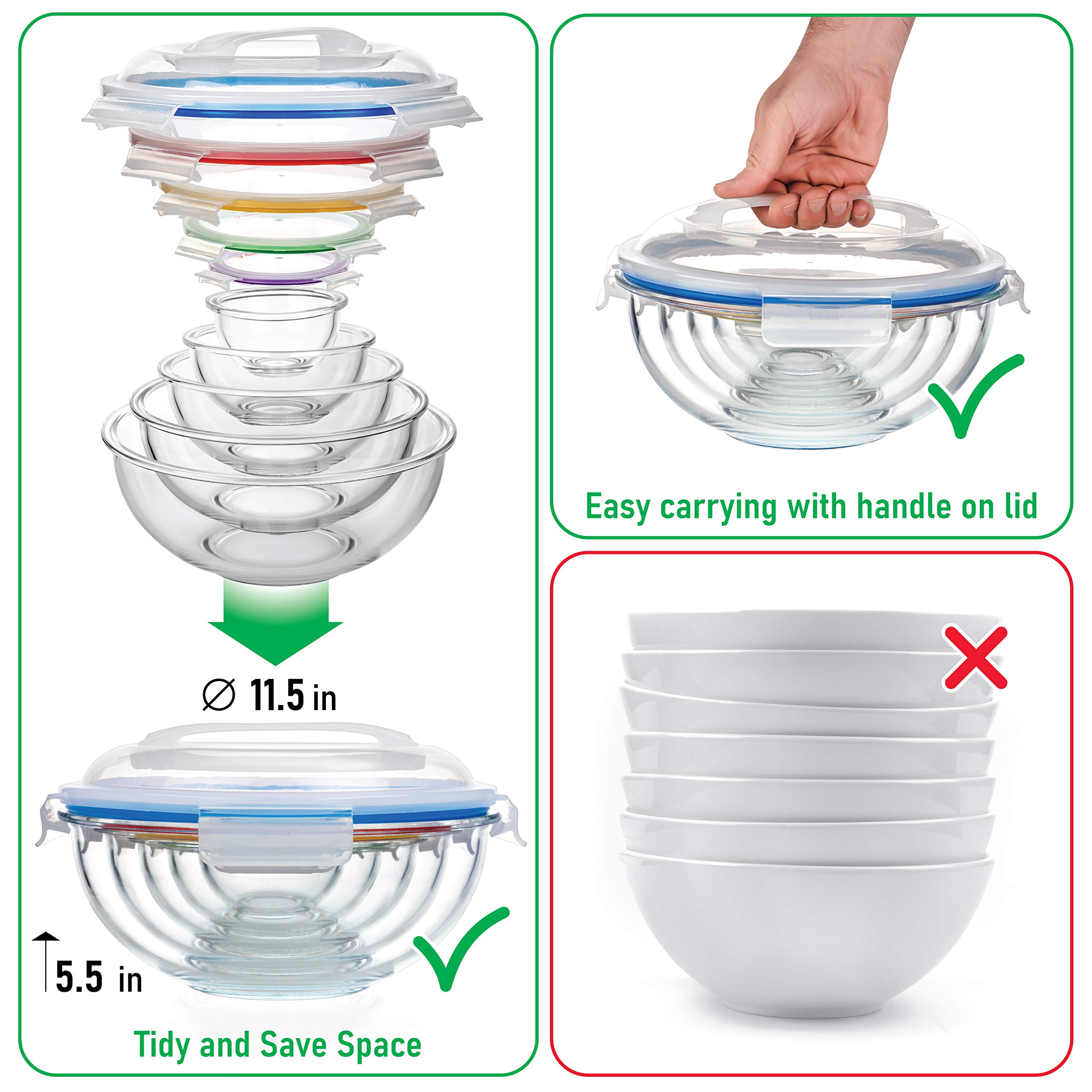 dokaworld Glass Mixing Bowls - Nesting Bowls - Space-Saving Glass Bowls with Lids Food Storage - Set of 5 Stackable Microwave Glass Containers - Storage Bowls with Lids Bpa Free - Bowls for Cooking