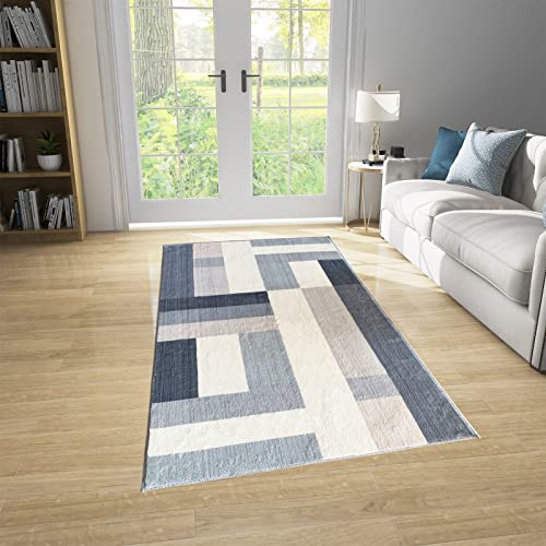 MIIUJJIR Modern Area Rug -3’ X 5’ Faux Wool Non-Slip Washable Accent Area Rug, Soft Fuzzy Throw Rug Floor Carpet for Living Room Bedrooms Laundry Dining Room Home Decor, Blue&White