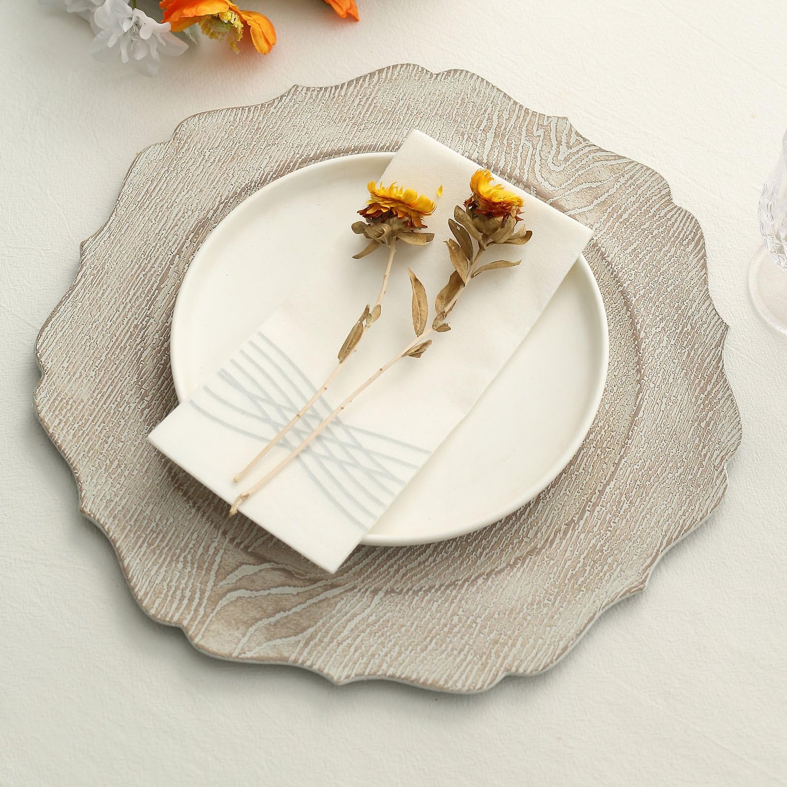 Efavormart 6 Pack | 13" Rustic White Wooden Textured Acrylic Charger Plates With Scalloped Rim