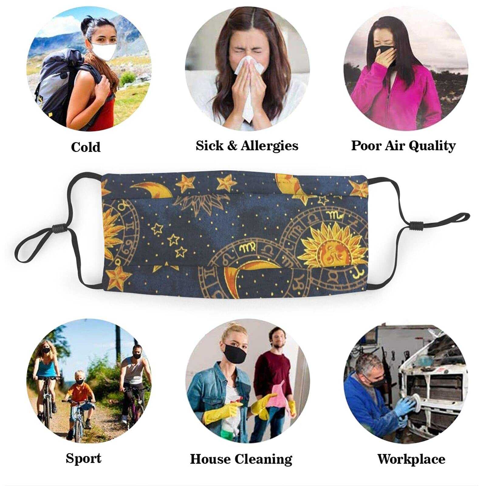 Constellations Sun Moon Magic Eyes Clouds and Stars 2pcs Reusable Washable Dust Filter and Reusable Mouth Warm Windproof Cotton Polyester Unisex Men and Women