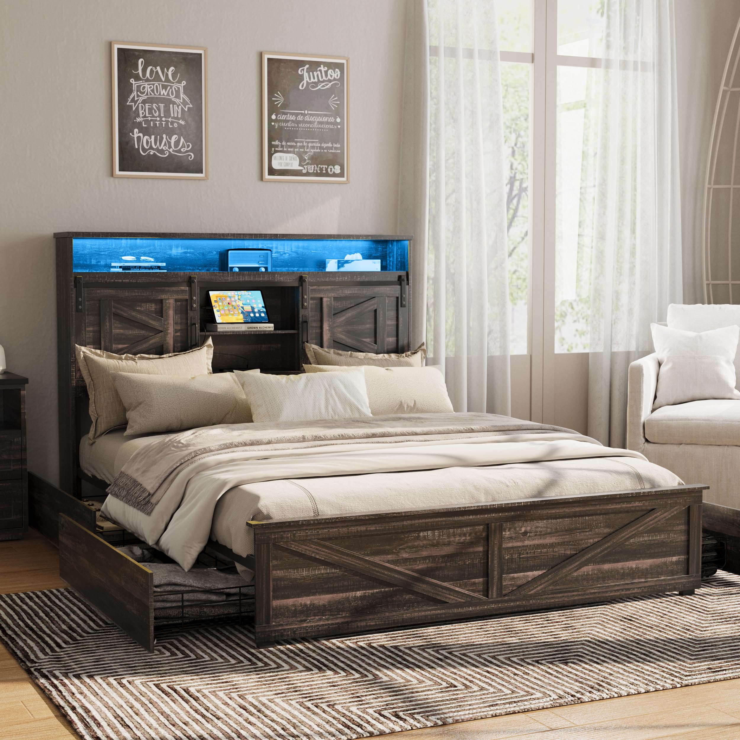 Fameill Farmhouse Queen Size Bed Frame with 4 Drawers and Bookcase Headboard, Sliding Barn Door Storage Shelves, LED Lights and Charging Station, No Box Spring Needed, Dark Rustic Oak