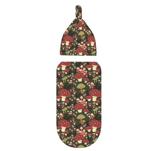 Cute Mushroom Newborn Swaddle Blanket with Beanie Set, Soft and Stretchy Baby Blanket Swaddle Sack for Boy and Girl Gift