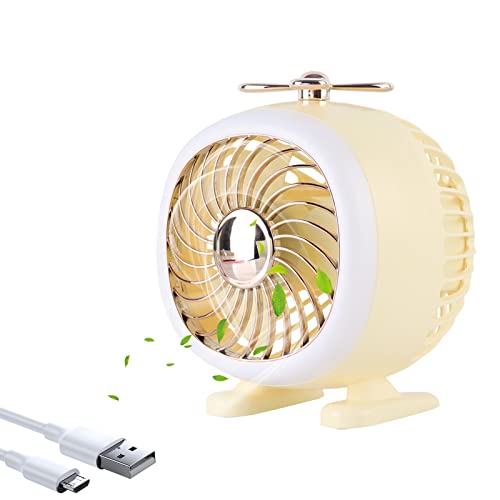 YOZEB 3 Level Speeds Mini Desk Fan, Rechargeable Operated Fan with LED Light Portable USB Fan Quiet for Home Office Student Bed Desk Crib Treadmill Camping (Yellow)