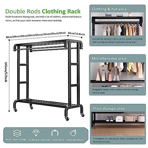 HM&DX Clothes Rack with Wheels,Double Rods Clothing Rack for Hanging Clothes,Heavy Duty Clothes Garment Racks,Industrial Pipe Clothes Rack,Metal Rolling Clothing Racks Organizer for Clothes Shoes