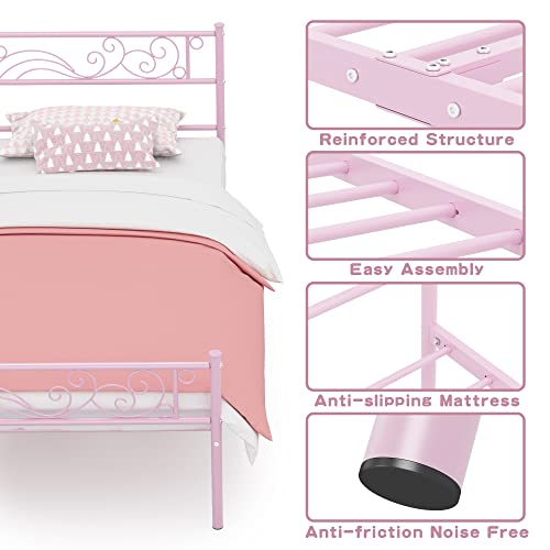 Weehom Metal Bed Frame Twin with Bed Storage,No Box Spring Needed,Heavy Duty Steel Slats Support for Boys Girls Teens Students Adults Pink